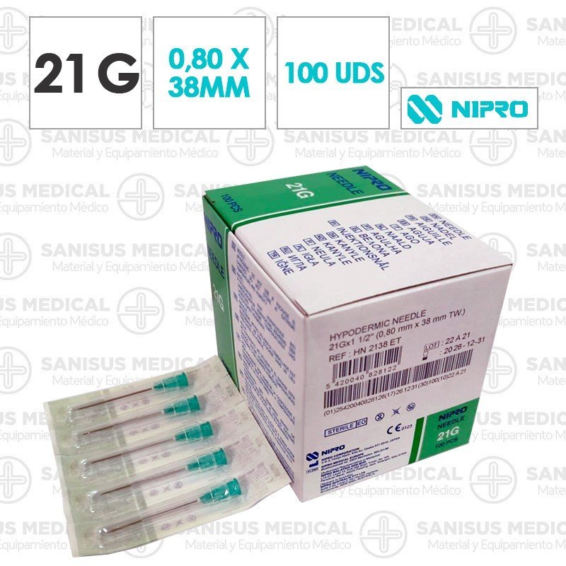 Agujas hipodérmica NIPRO 21G x 38 Ref: HN-2138 Caja 100 uds - Sanisus Medical