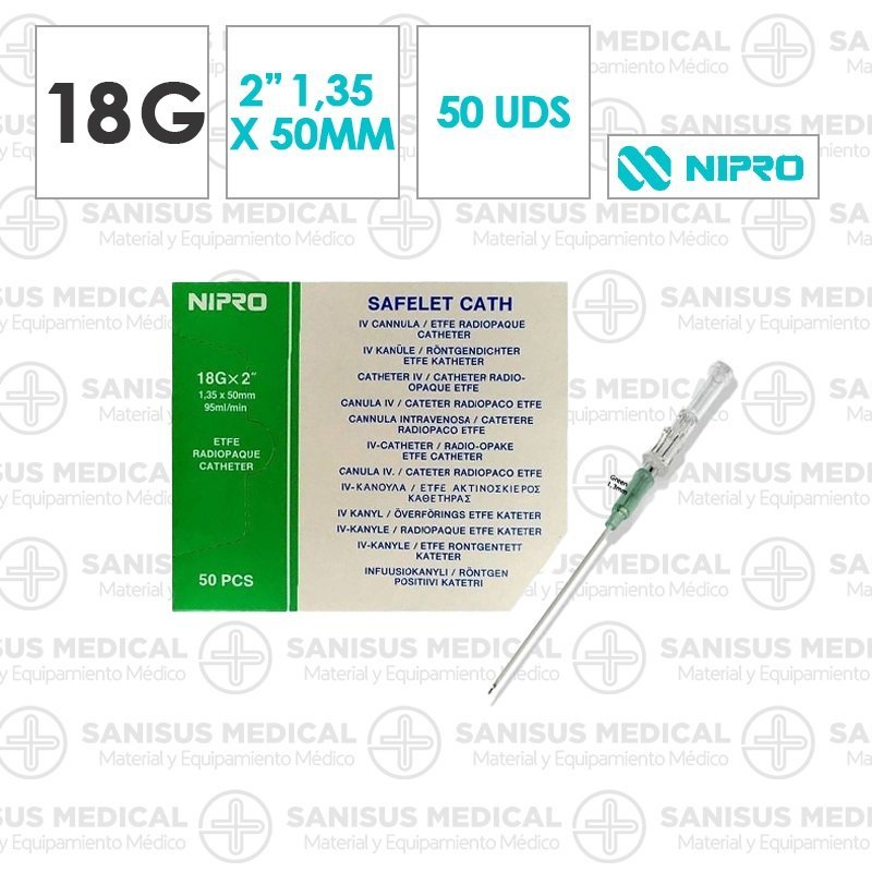 Catéter Intravenoso Nipro 18G 50mm Verde Caja 50 uds Ref: NIC-1850R ...